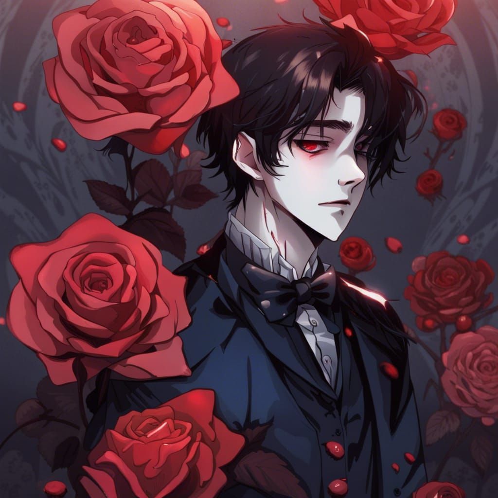 young man, sad, roses, gothic, eerie, horror, red and blue and black ...