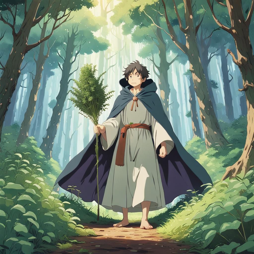 Druid male in robe and cloak gathers herbs in the forest - AI Generated ...