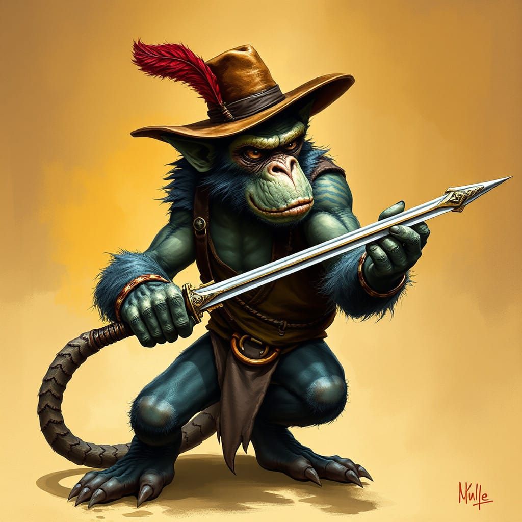 Rogue Monkey Orc in Elegant Fedoras, Wielding Rapi... - AI Art