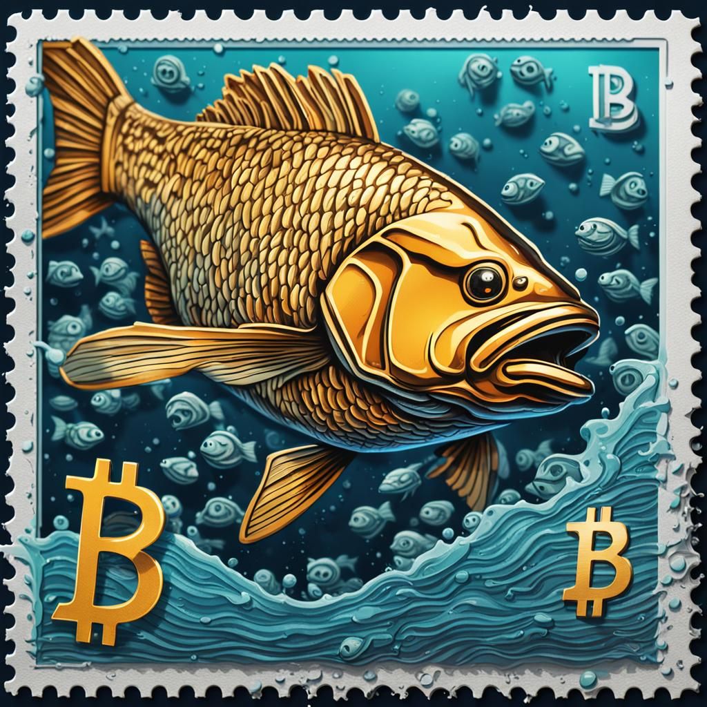 Stamp press machine Stamping Bitcoin Stamps in a sea of jumping fish ...