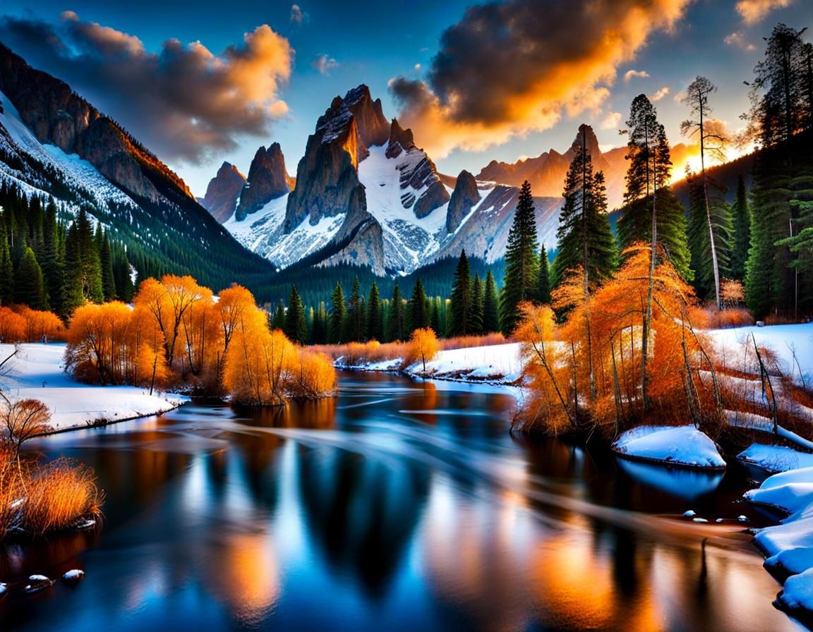 Snowy Sunset Mountain River Scene - AI Generated Artwork - NightCafe ...