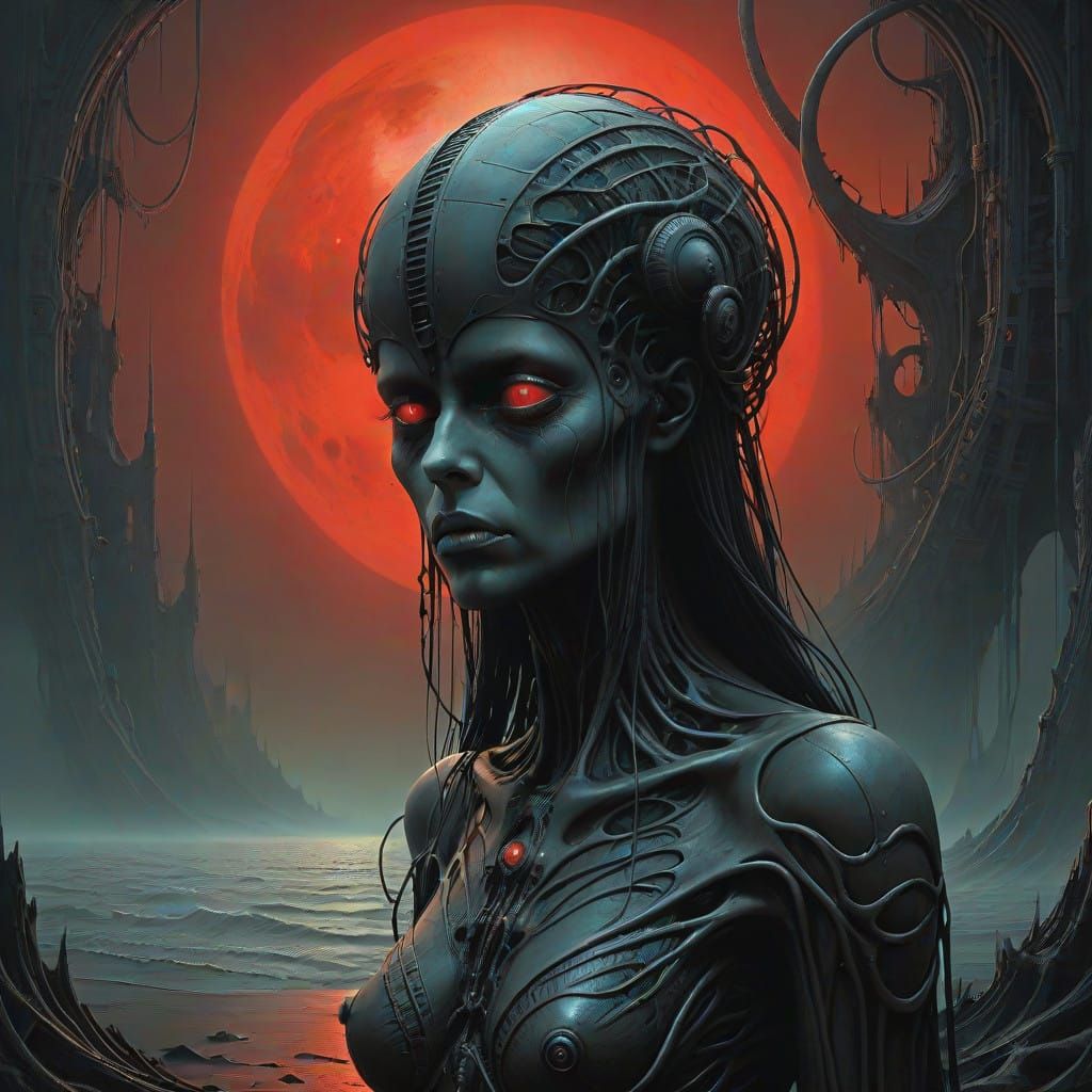 Dark Surrealism. In the depths of a tenebrous realm, a mysterious, gothic woman with an ...