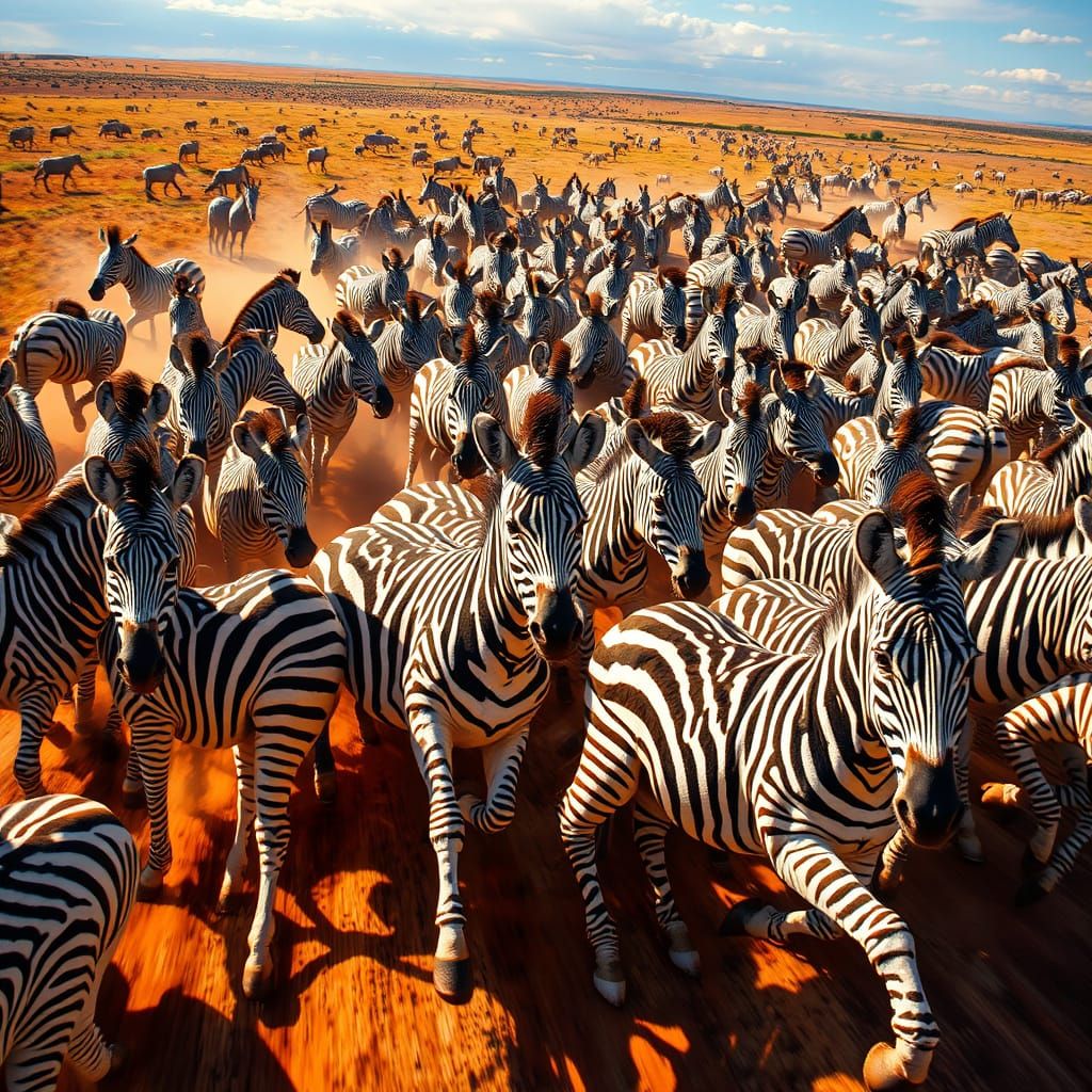 Zebra stampede on the plaines from overhead Hyperrealistic, splash art ...
