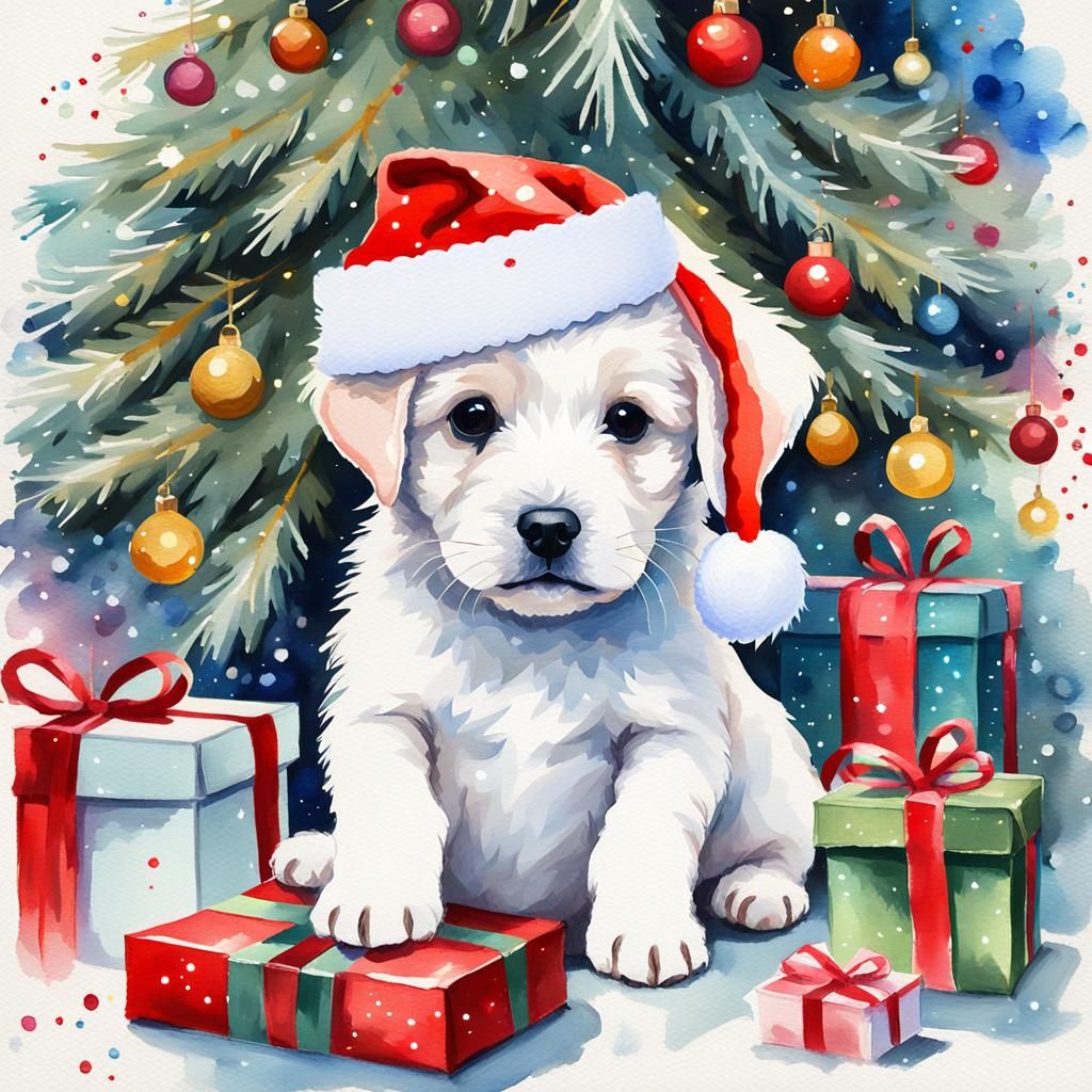 a super cute Christmas puppy with a santa hat under a Christmas tree ...