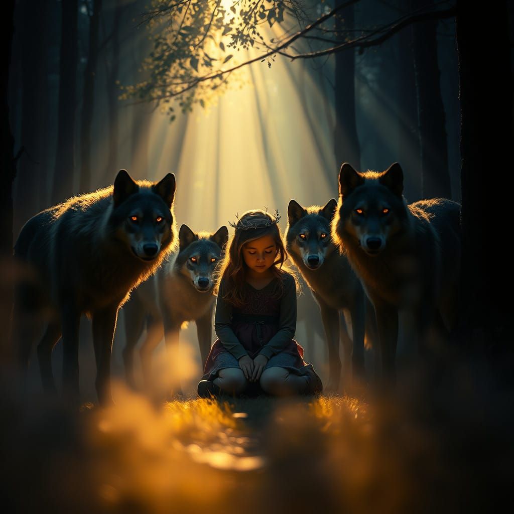 Girl kneeling in a forest surrounded by wolves.