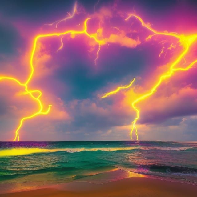 large highly detailed neon green orange and purple lightning in a sky ...