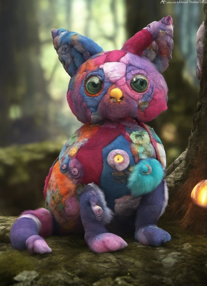 plush fluffy patchwork creature, by 3D textile collage artist ...