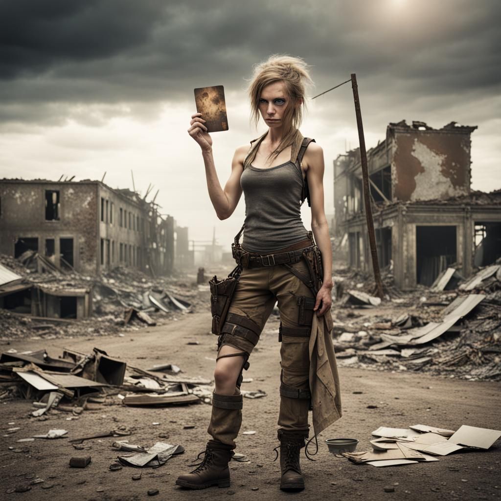 Post Apocalyptic Woman Holding A Post Card - AI Generated Artwork ...