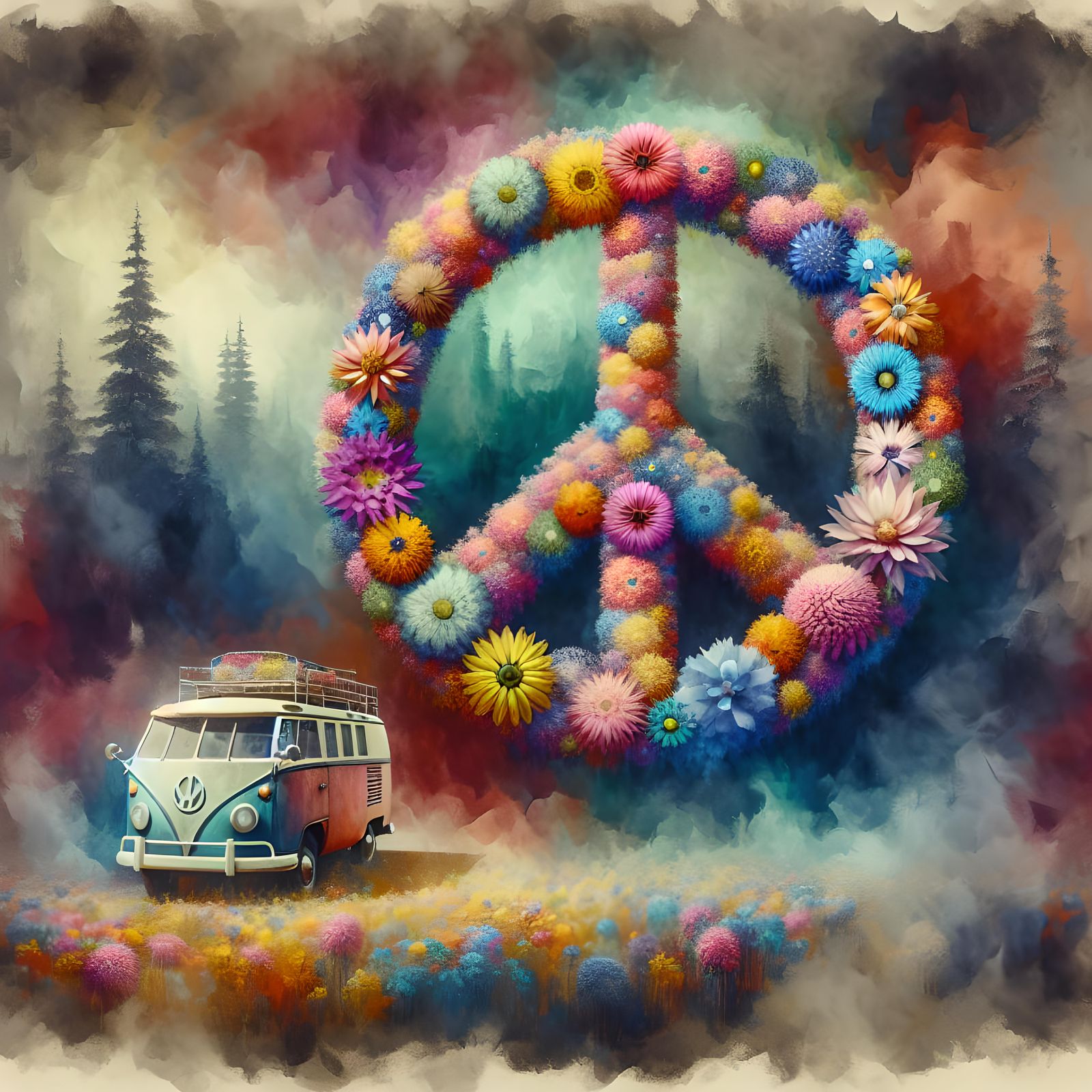 A groovy 1960s peach sign made with flowers, with a motor home behind ...