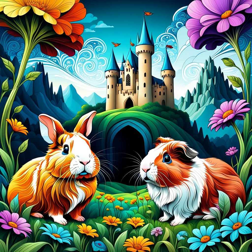 Colored rabbit and guinea pig near by their castle - AI Generated ...