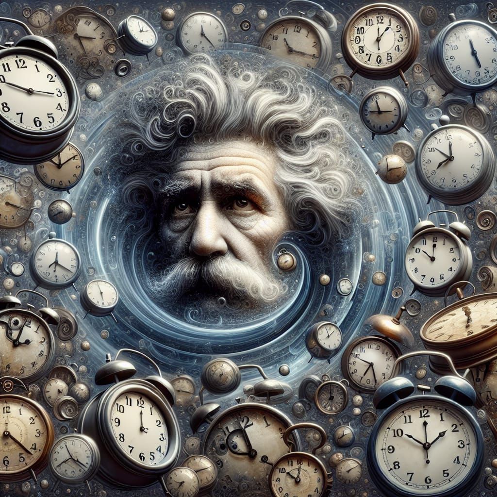 Various clocks in various states, overlaid by a faint confused face of ...