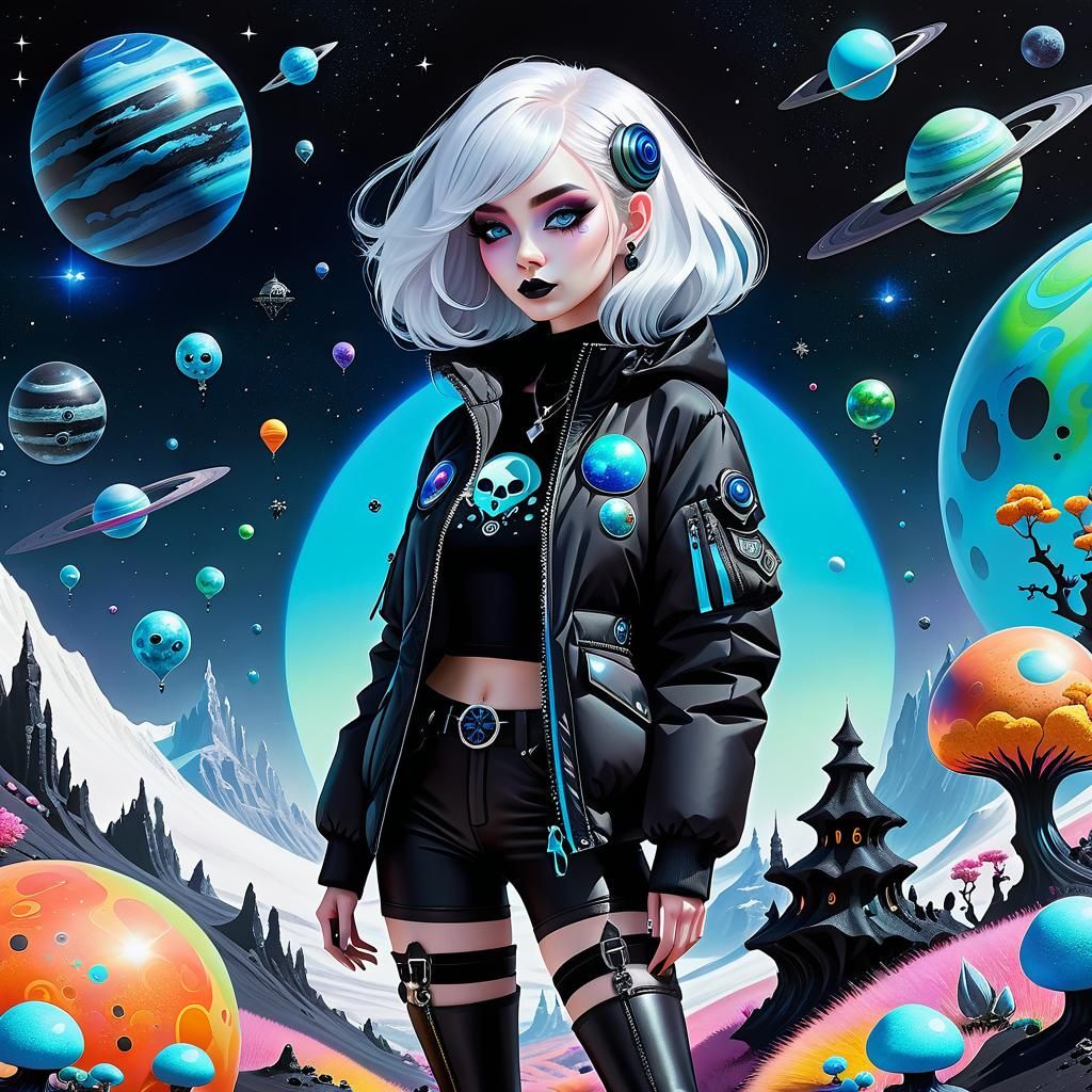 Cute full standing goth alien girl with white hair, black necklace with ...