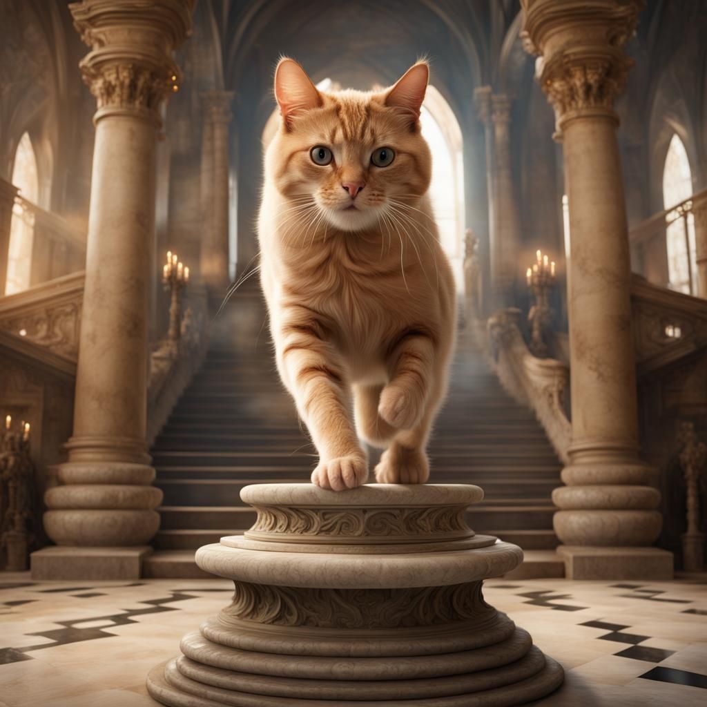 A chubby beige cat jumps on a marbre pedestal in a castle. The castle ...