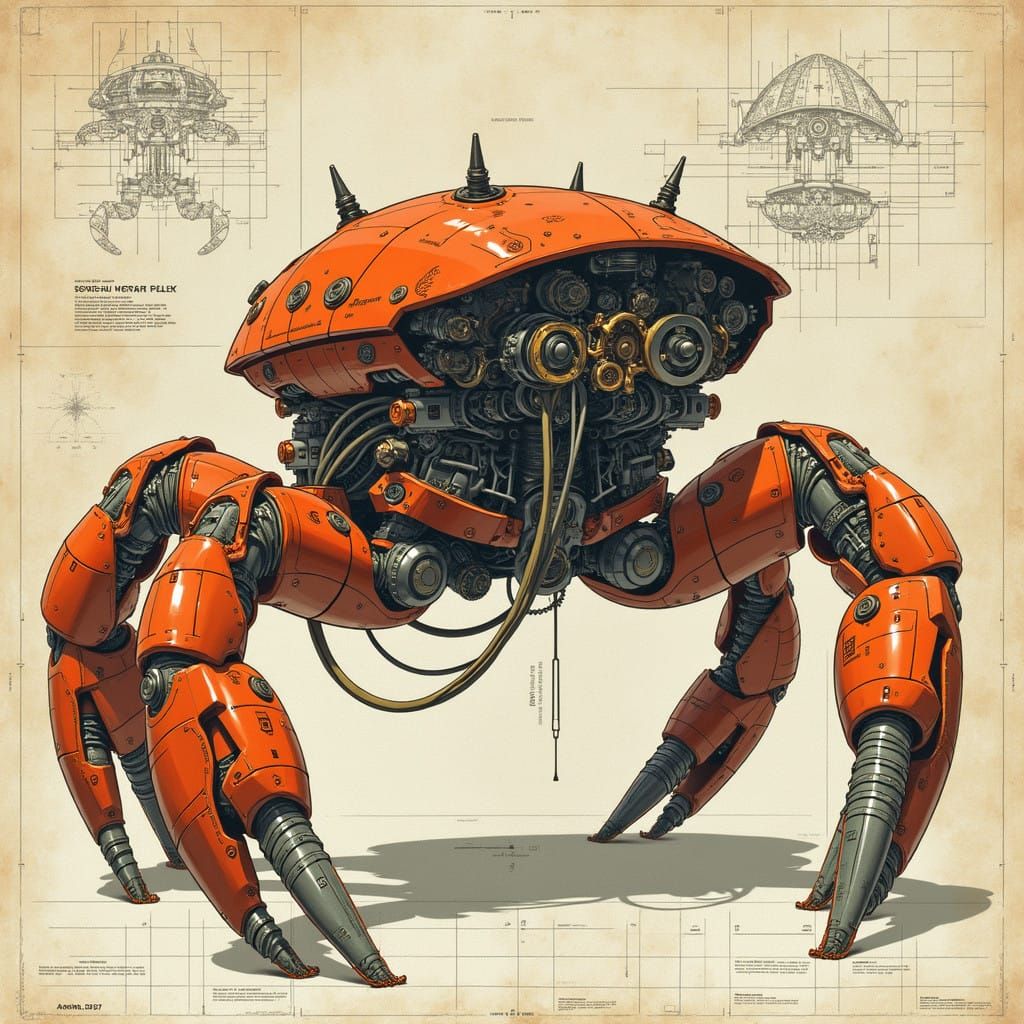 Futuristic Industrial Mecha Crab Blueprint - AI Art