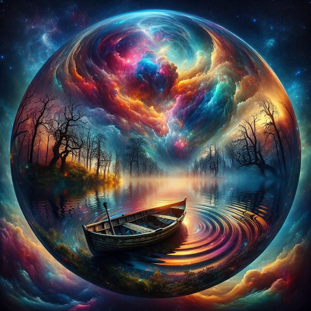 A mystical, enclosed world features a weathered rowboat on glowing ...