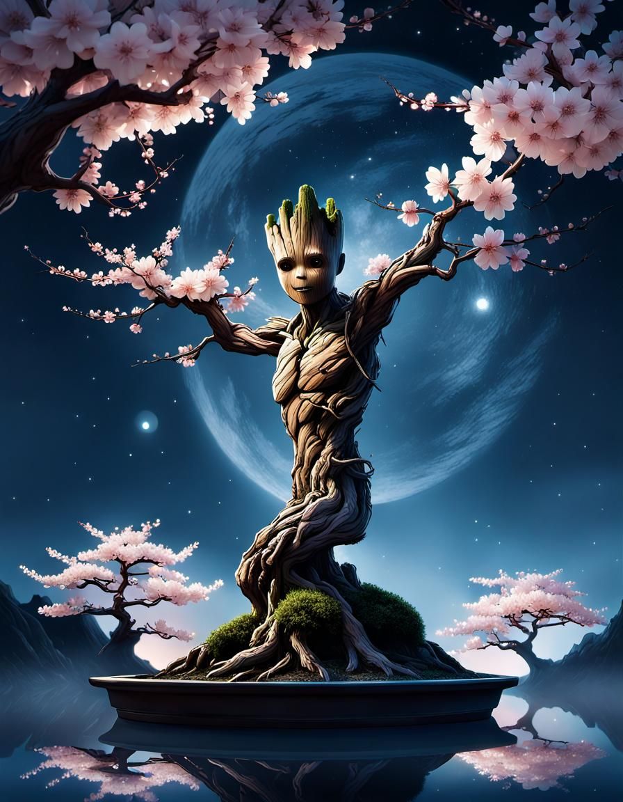 Groot-like guardian+Bonsai tree in moonlight - Double Exposure - AI ...