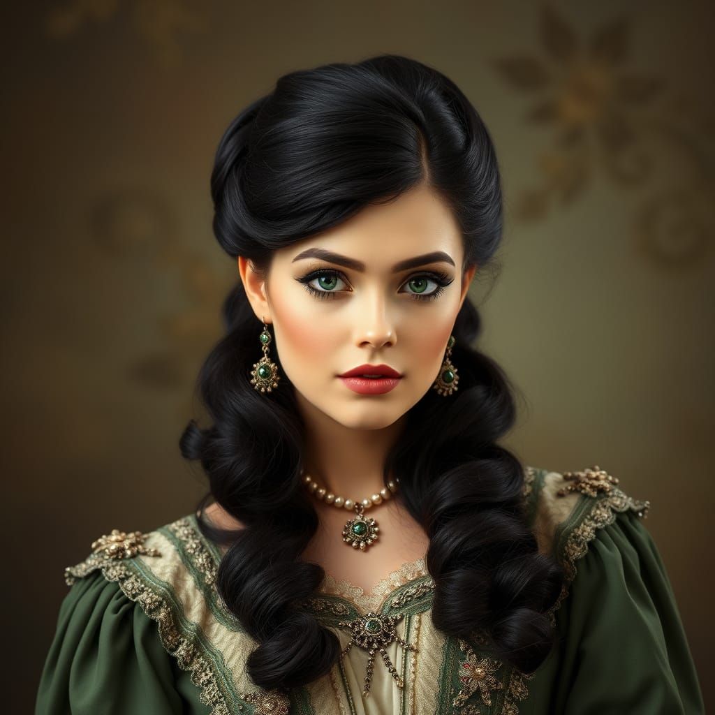 Victorian Era Goddess in Emerald Green Eyes - AI Art