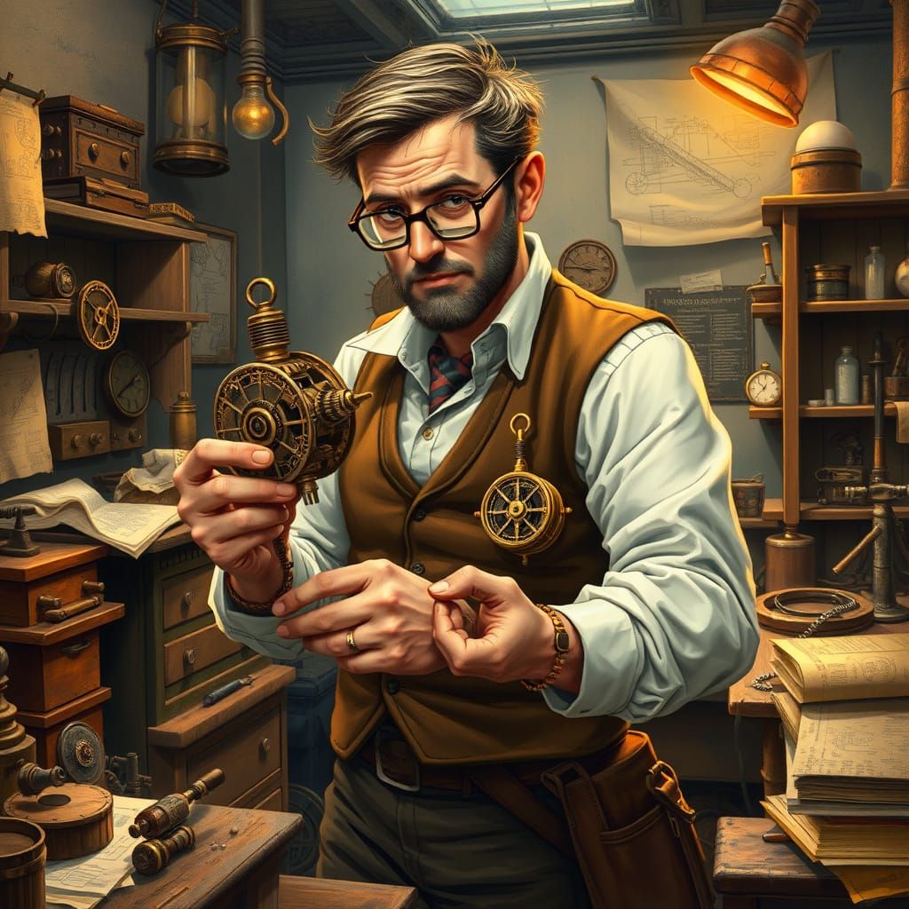 The Gadget Inventor At Work - Whimsical Inventor in Steampun...