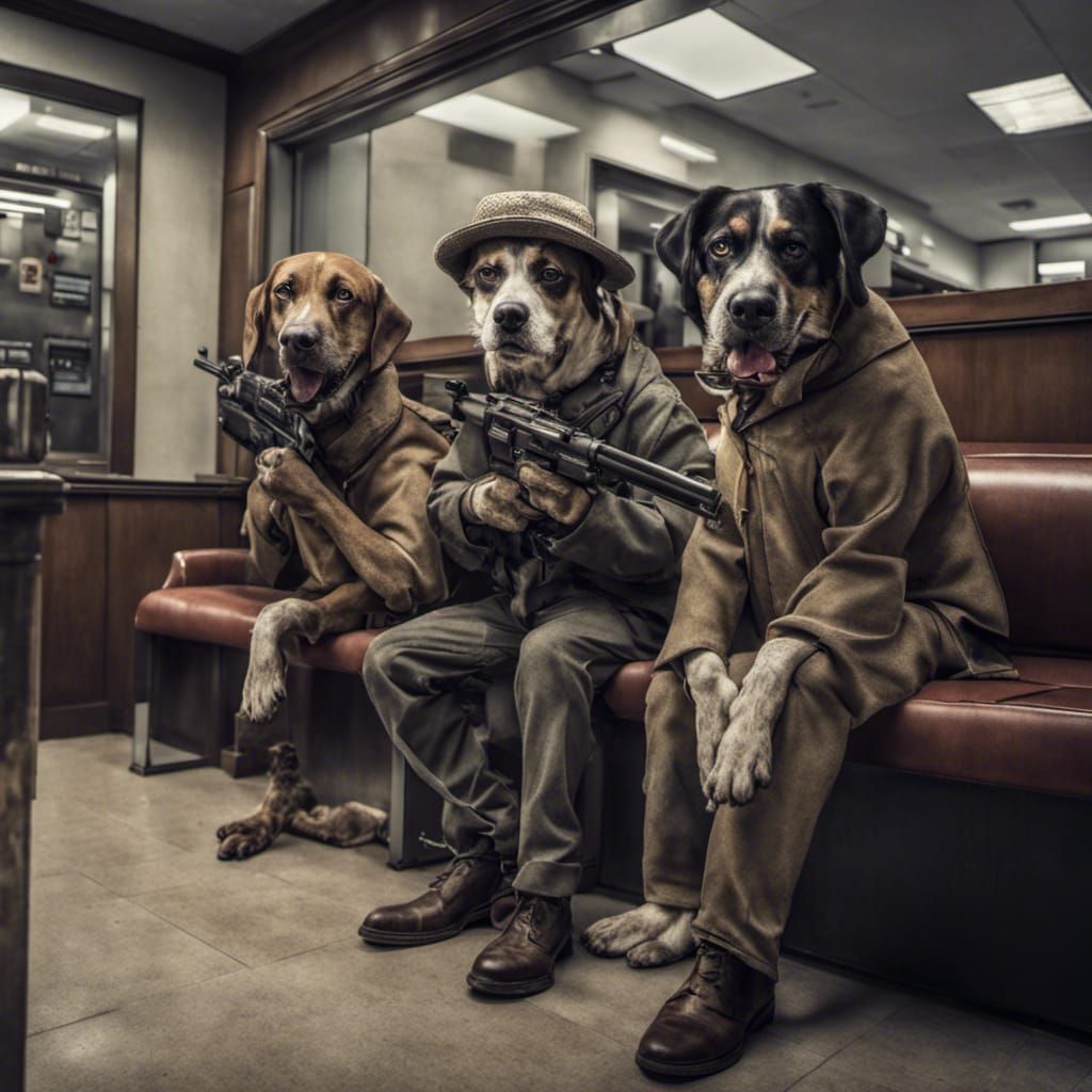 miserable dogs with guns robbing a bank - AI Generated Artwork ...