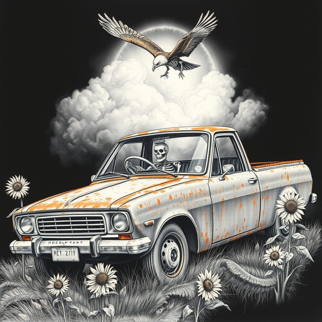 Rusty Holden Ute with Skeleton Driver in Twilight ... - AI Art