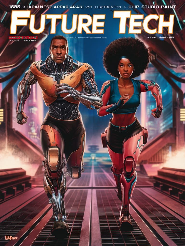 Title " FUTURE TECH" 1980s Japanese Sci-fi Magazine Cover , cyborg black man and afrocentric ...