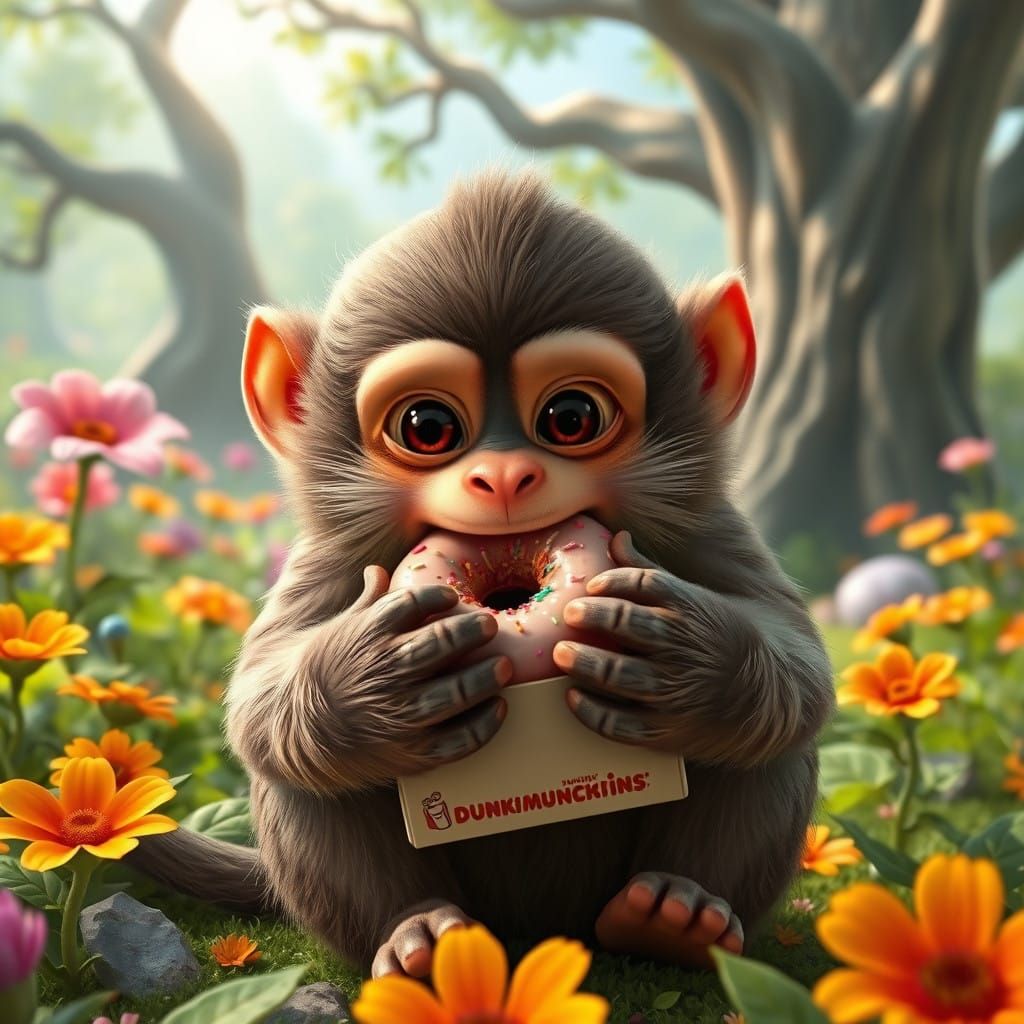 monkey eating donut - Chubby Monkey Delights in Whimsical D...