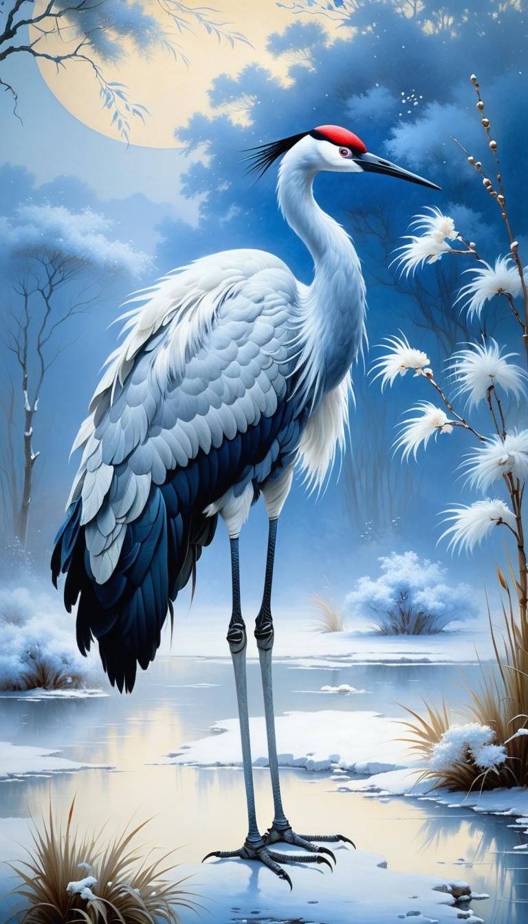 Romantic Oriental Crane Dances in Serene Blue Skie... - AI Art