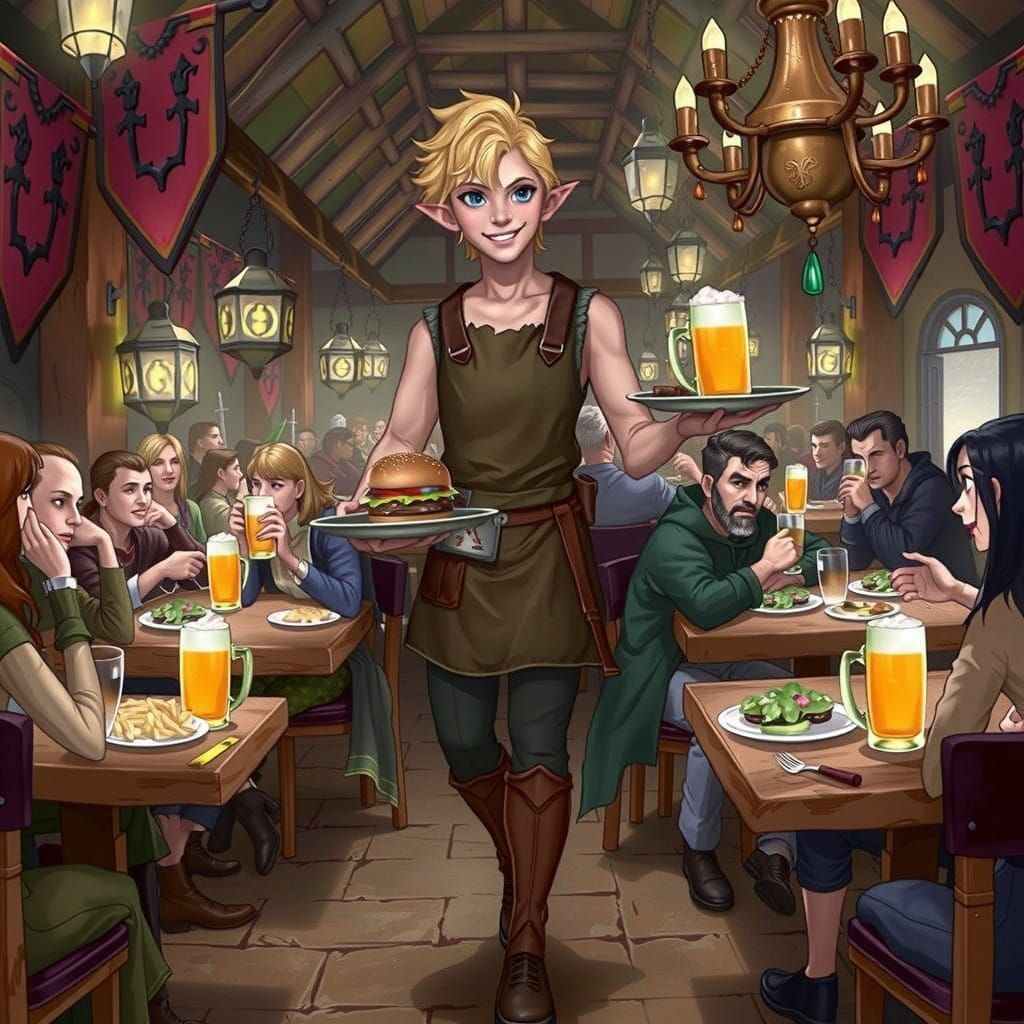 A charismatic young wood-elf with tousled blonde hair, moves deftly ...