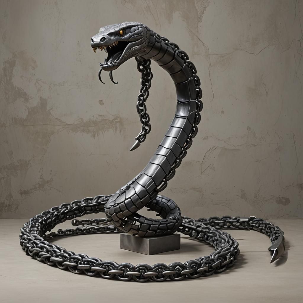 Sculpture of a cobra ready to strike, with coiled tail, constructed ...