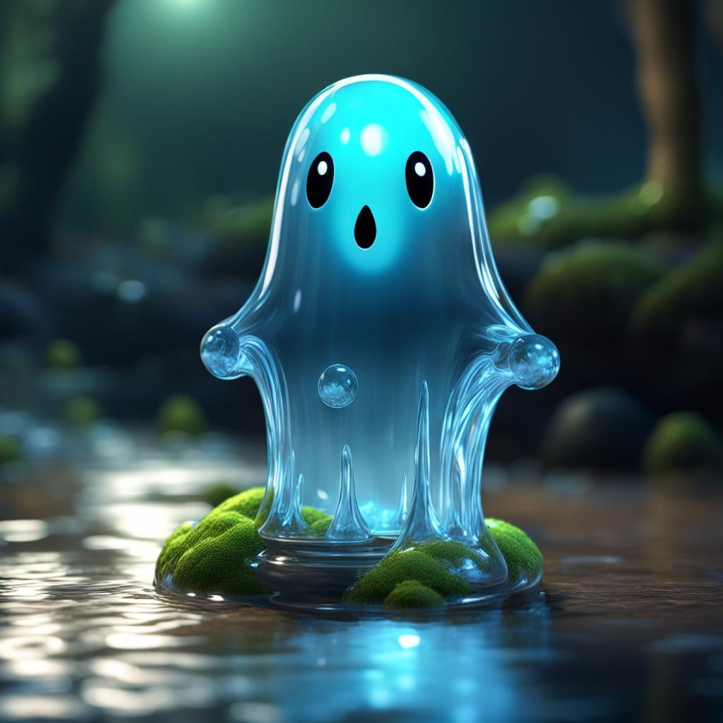 blue reflective cute glass ghost soft glow of moonlight,coming up out ...