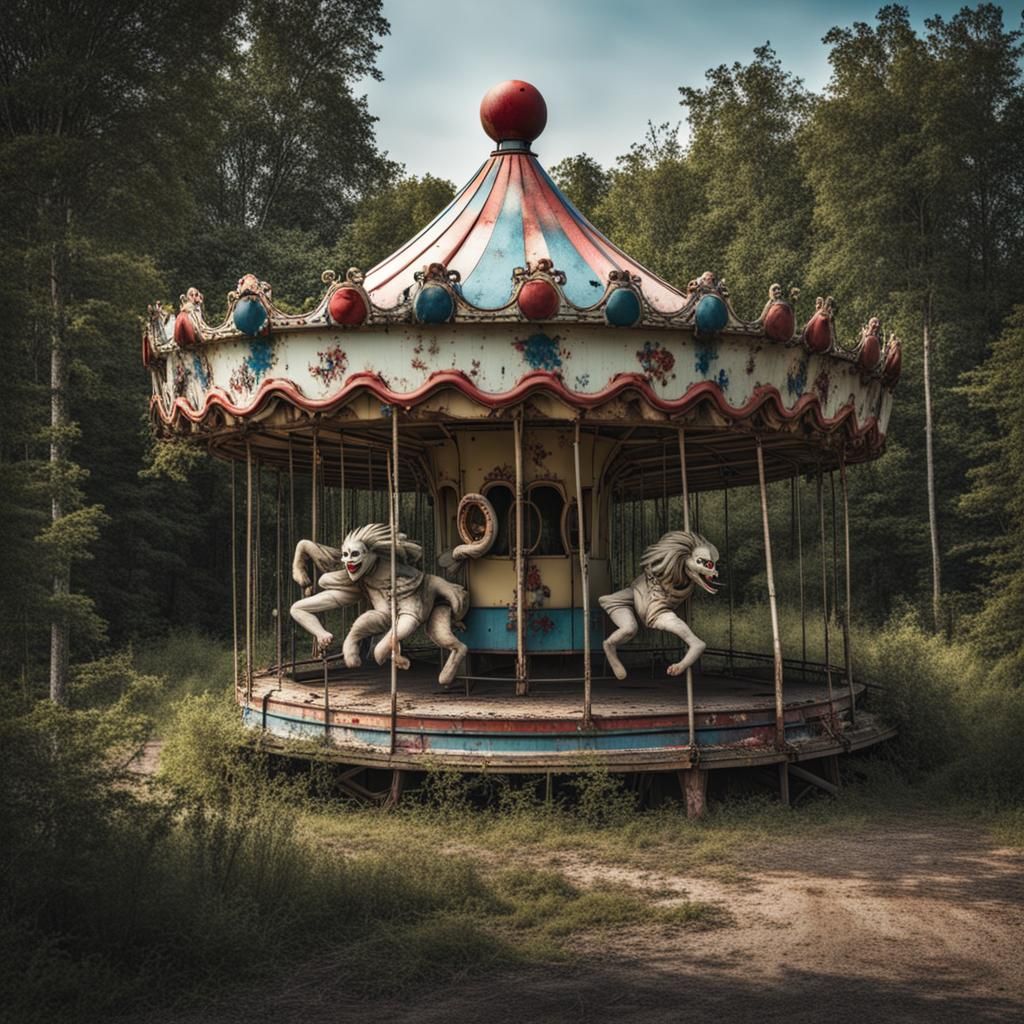 abandoned evil overgrown creepy fairgrounds with broken merry-go-round ...