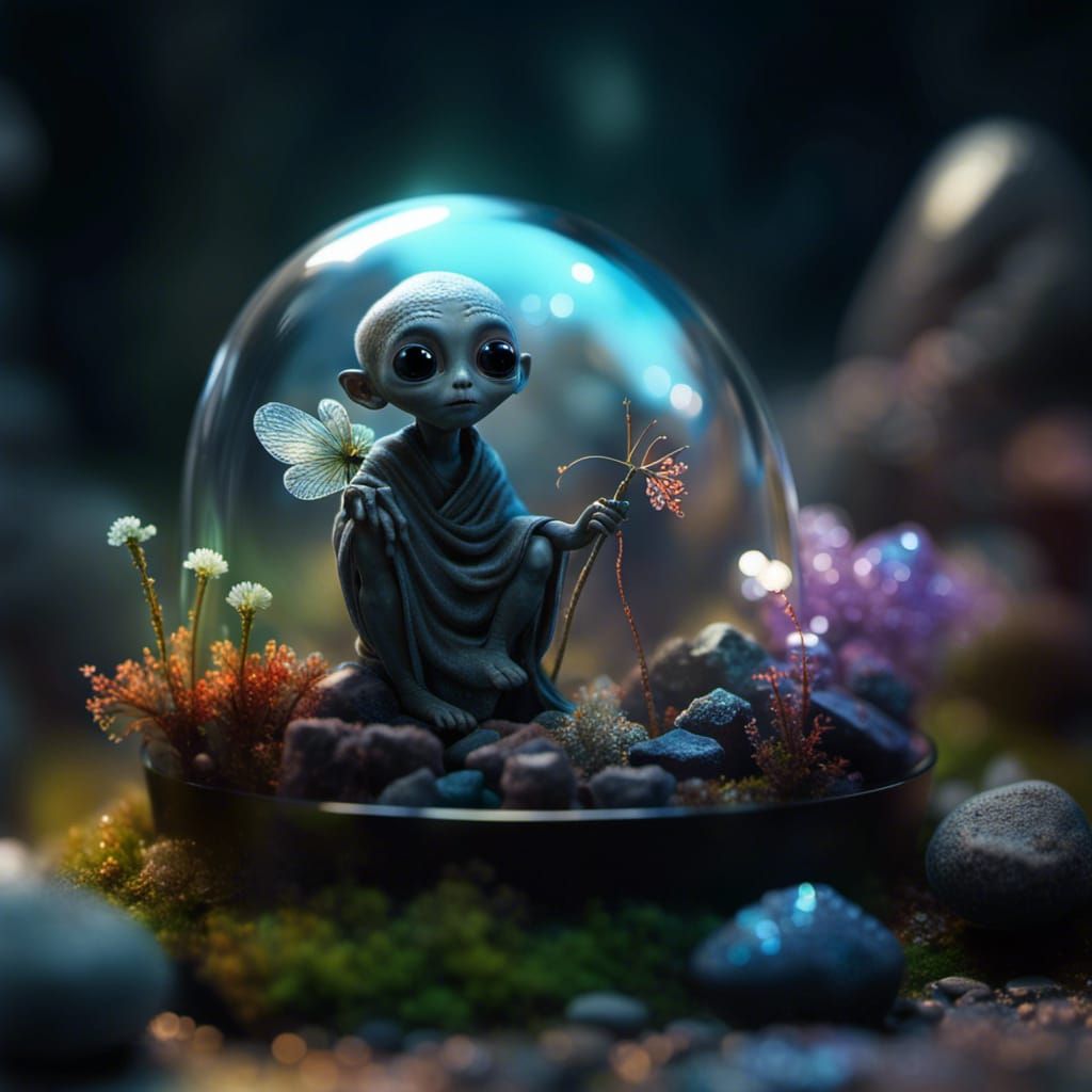 tiny strange gray alien monk with bug eyes standing in a small ...