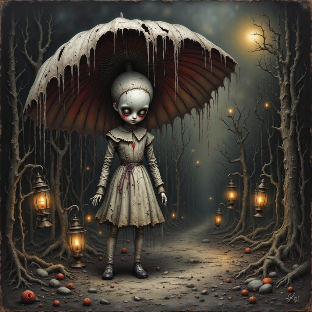 Creepy Doll With Umbrella Hat - Haunting Victorian Doll in a...