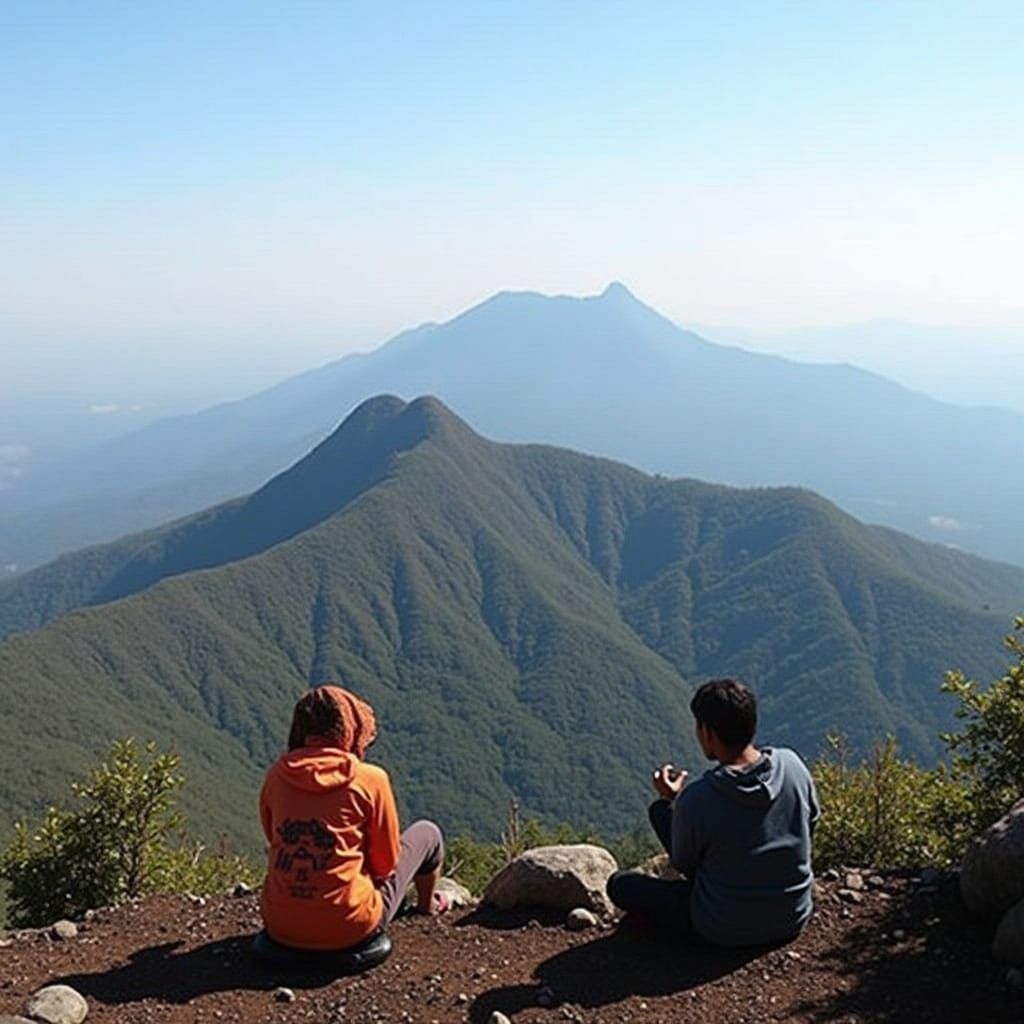 Mountain Climber Smiling at Semeru Summit Monument - AI Art