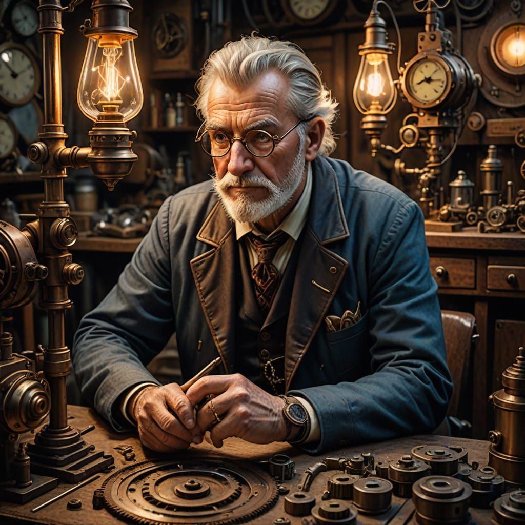 steampunk inventor in workshop, hyperrealistic style. envision a ...