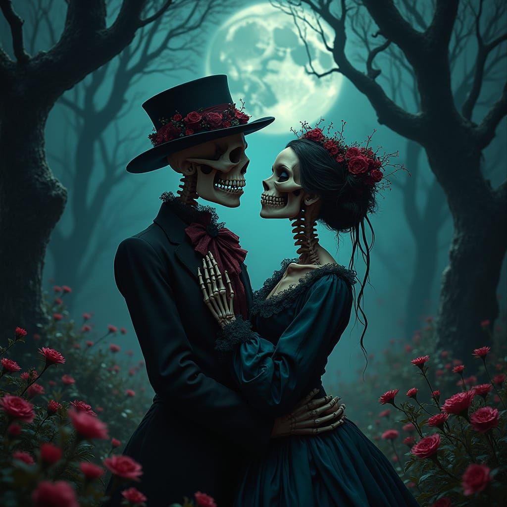 Gothic Skeleton Couple in Midnight Forest of Dark ... - AI Art