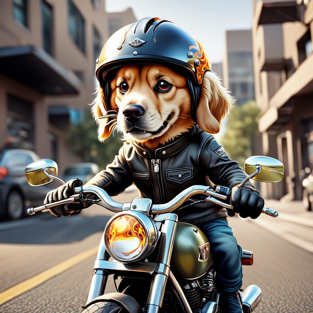 Cartoon Golden Retriever in Radical Motorcycle Gea... - AI Art