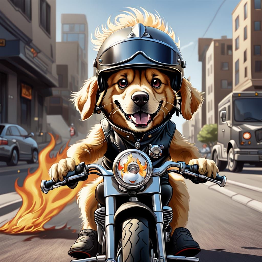 Stylish Golden Retriever in a Cyberpunk Motorcycle... - AI Art