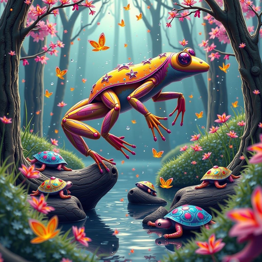 Vibrant Forest Scene with Frogger Jumping Turtles - AI Art