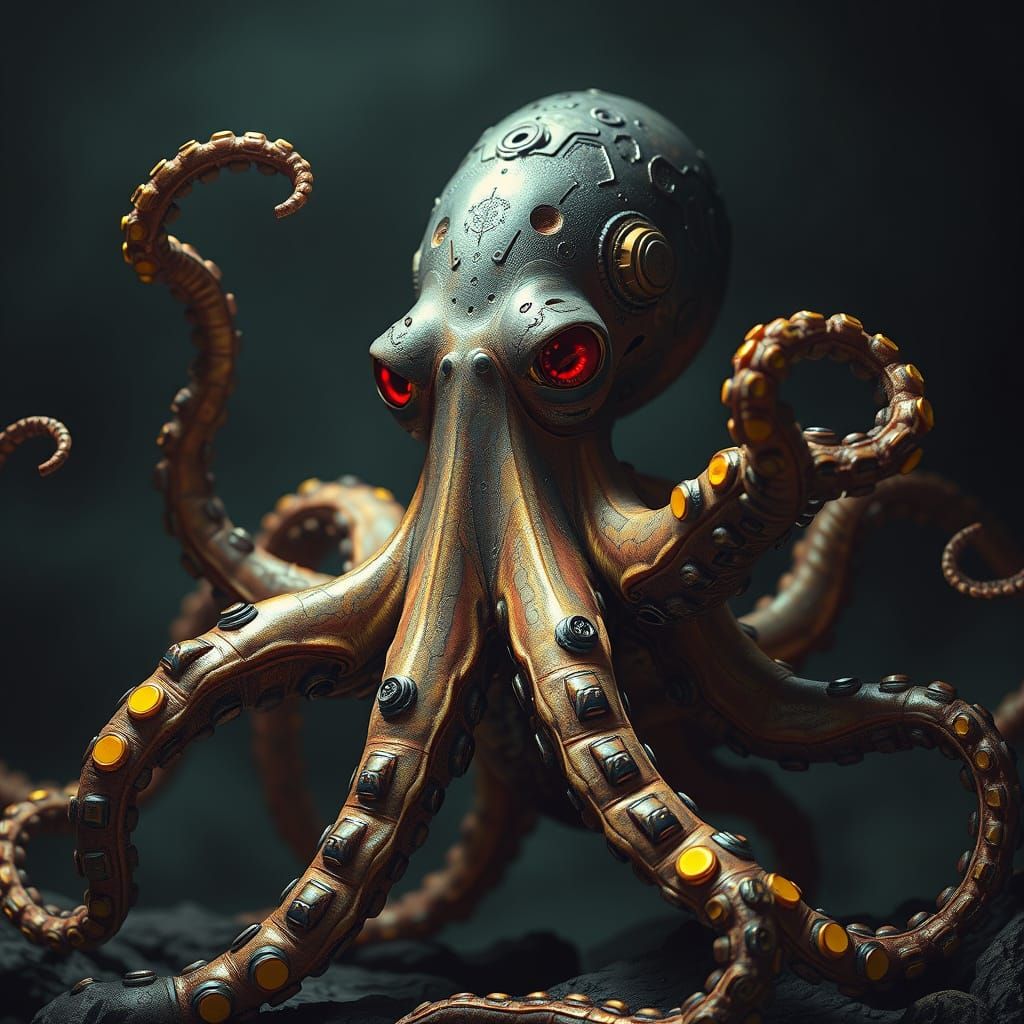 Tim Burton Inspired Mechanoid Octopus with Surreal... - AI Art