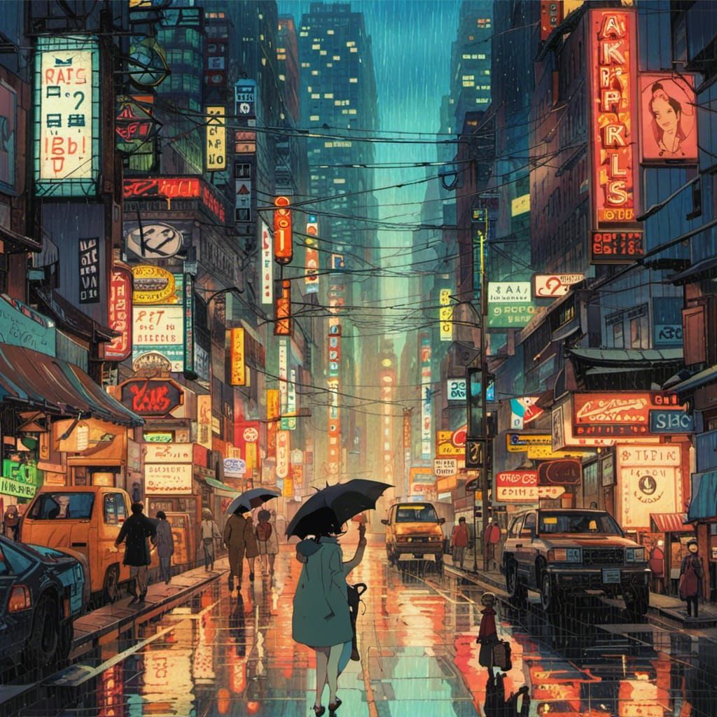 16k resolution, Satoshi Kon style, a cityscape with dream-like ...