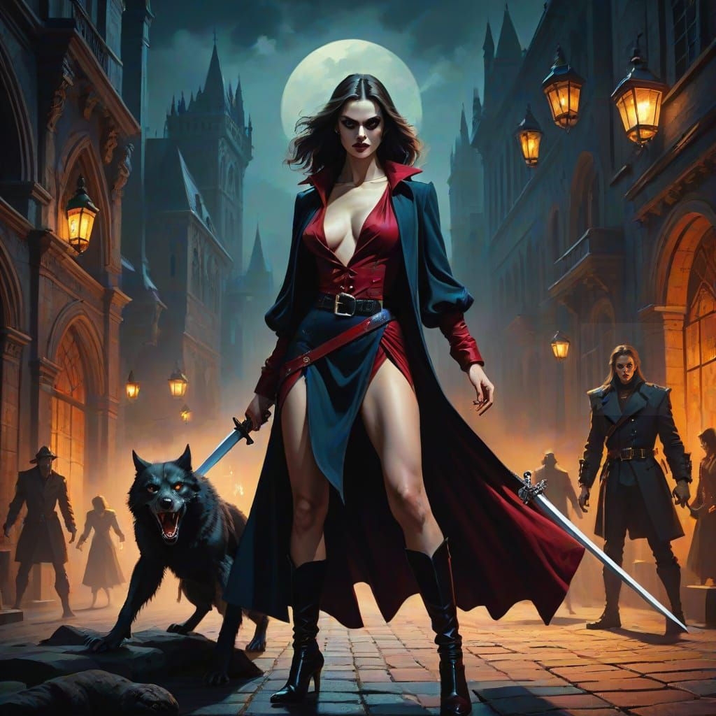 Gothic Vampire Swordsman Battles Werewolves in Dar... - AI Art