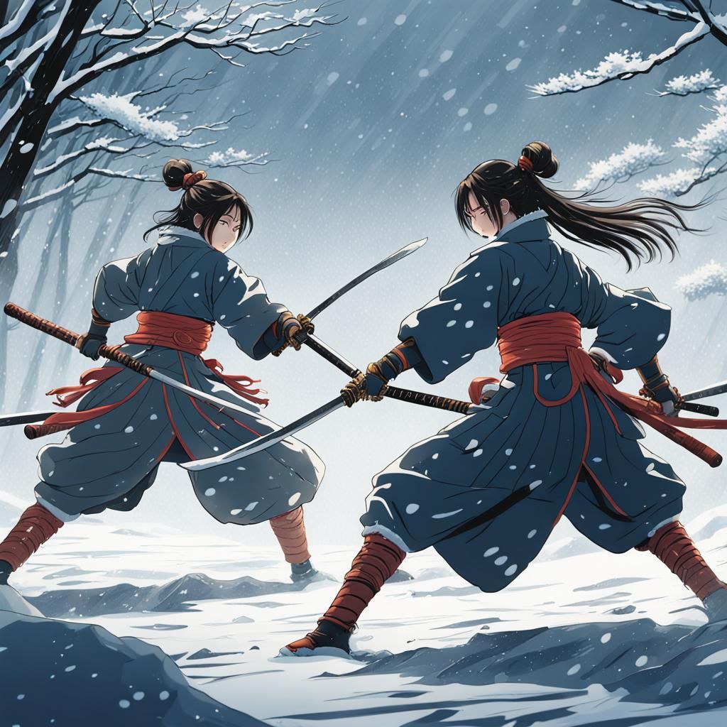 Two female samurai warriors fighting with katanas in the snow - AI ...