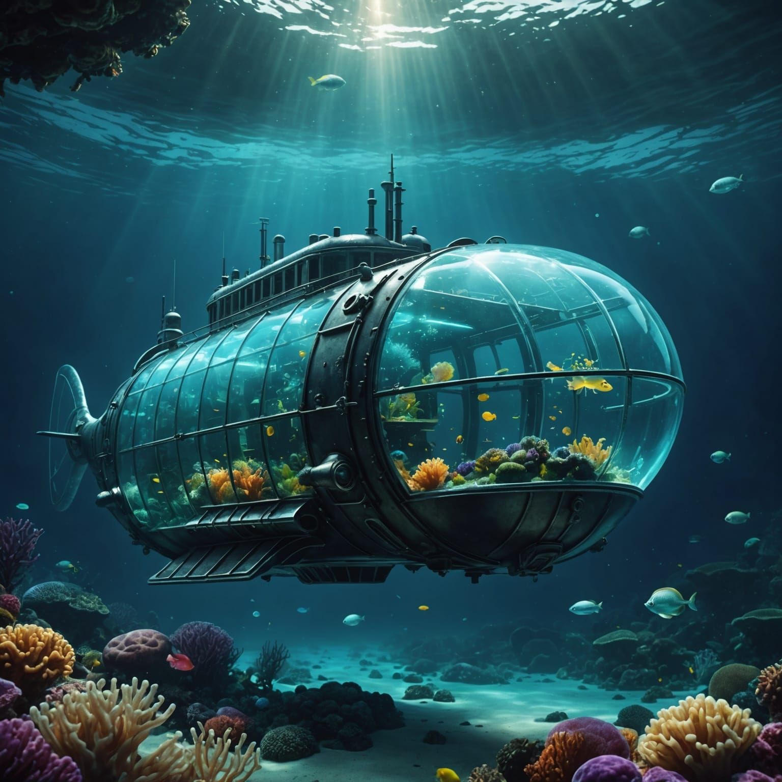 Underwater view of a huge fantastical glowing transparent glass ...