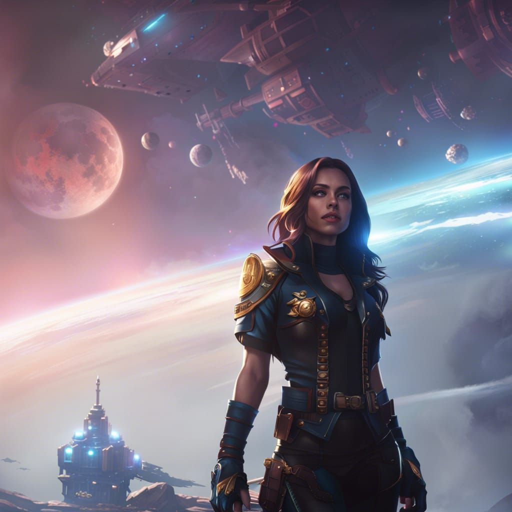 cute space pirate girl in attractive outfit exposing chest, a ...