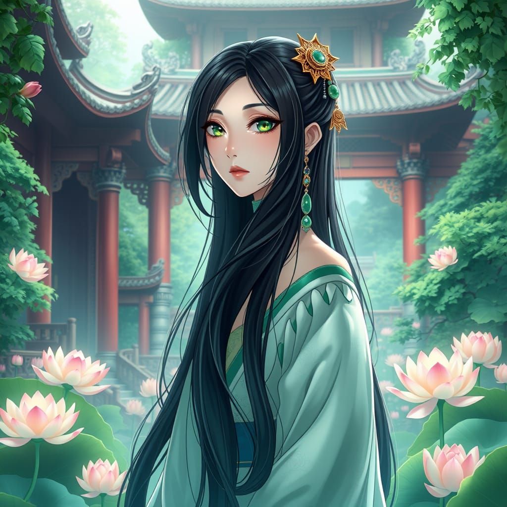 Jade Eye Goddess - Ethereal Goddess in Traditional Temple