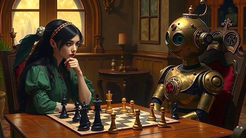 Victorian era fairy woman playing chess game with brass and ruby robot ...