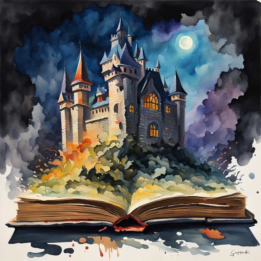 Haunted castle popping out of an opened book in Gouache Style ...