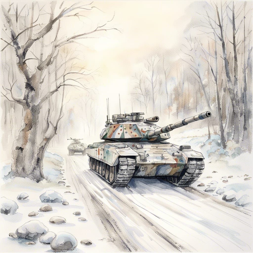 Long icy road with ice and snow covered wrecks of battle tanks with ...