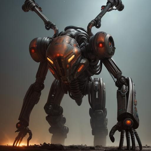alien dystopian insectiod walker military mech conduit wires tendrils ...